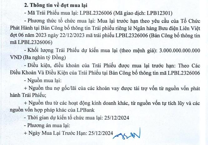 Ngân hàng LPBank (LPB) dự chi hơn 3.100 tỷ đồng để mua lại trước hạn 3. ...